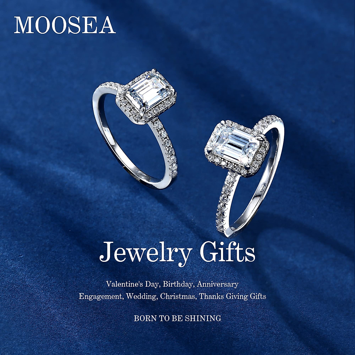 MOOSEA 1.5ct Emerald Cut Moissanite Promise Rings for Her, D Color VVS1 Clarity Lab Created Diamond Wedding Rings 14K White Gold Vermeil Moissanite Engagement Rings for Women Gifts