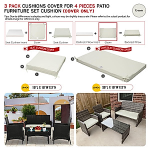 ClawsCover 3Pack Outdoor Seat Cushions Replacement Covers Fit for 4 Pieces Wicker Rattan Furniture Patio Conversation Set Loveseat Chair,38x19x2,19x19x2,Cream-Large (Include Cover Only)