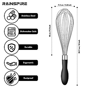 Rainspire 12-Inch Wire Whisk Stainless Steel, Balloon Whisks for Cooking, Wisk Wisking Tool With Soft Silicone Handle, Thick Durable Whisker for Blending, Beating, Whisking, Stirring, Black