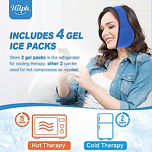Hilph Wisdom Teeth Recovery Ice Pack Head Wrap. Adjustable Jaw Strap with 4 Replacement Hot Cold Packs for Dental, Chin, TMJ Relief, Oral Surgery, Tooth Extraction & Teeth Removed, Tonsillectomy Blue