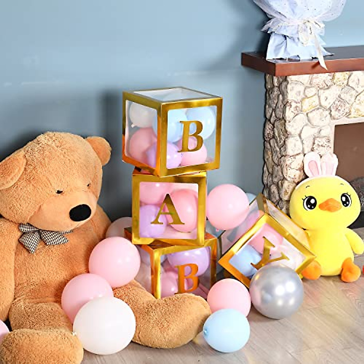 Sooyee Gold Clear Baby Boxes with Letters for Baby Shower,Baby Shower Decorations, Transparent Ballon Boxes Backdrop,Baby Shower Birthday Party ,Gender Reveal ,Reusable Favors In Giftbox, Baby Blocks