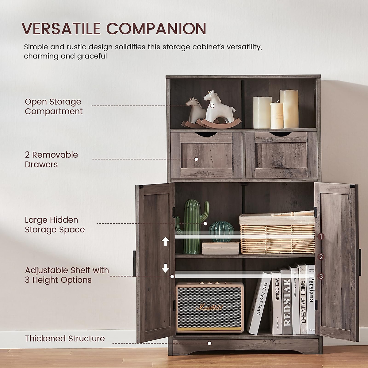 Iwell Large Storage Cabinet with 2 Drawers & 2 Shelves, Bathroom Cabinet, Cupboard for Living Room, Kitchen, Office, Rustic Gray