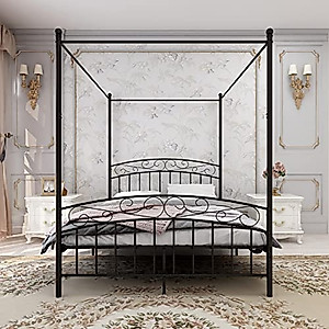 ZIRUWU Queen Size Sturdy Metal Canopy Bed Frame with Headboard Footboard Steel Slats Support Easy Assembly No Box Spring Needed,Black