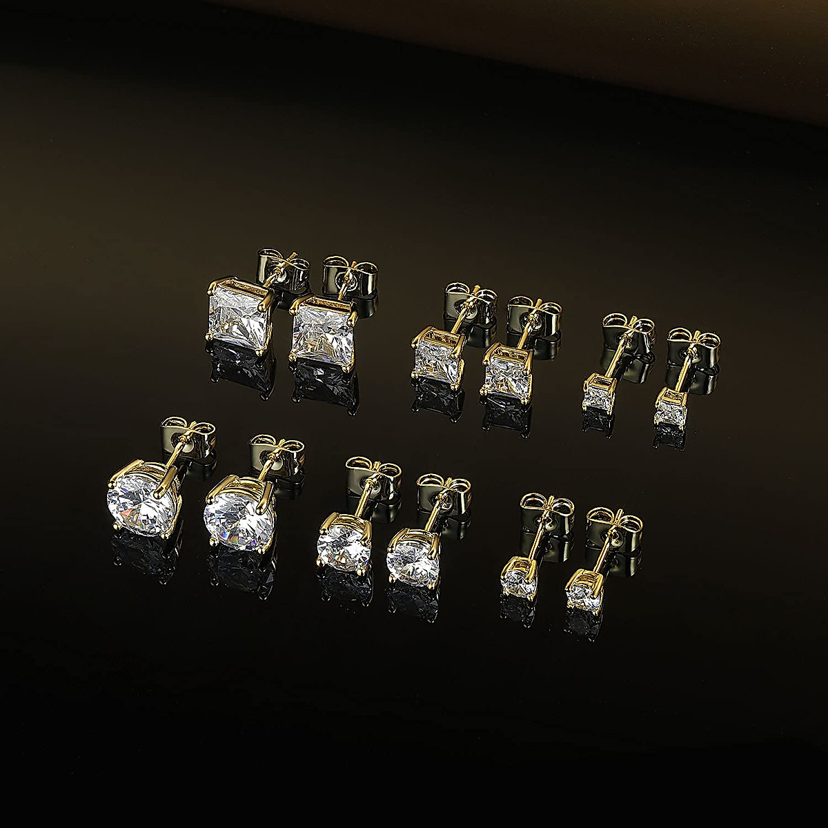 DwearBeauty 6 Pairs Gold Plated Cubic Zirconia Earrings Pack，Round Cut and Princess Cut Earrings for Men and Women