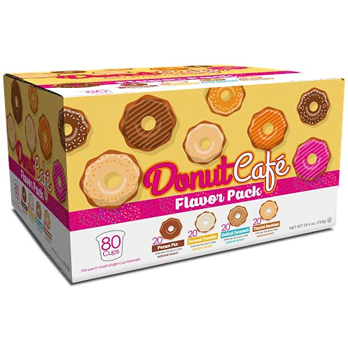 Donut Café Single Serve Coffee Pods for Keurig K Cup Brewers, Medium Roast, 20 Each : Pecan Pie, Coconut Crumble, Salted Caramel, Toasted Hazelnut, Flavored Variety Pack, 80 Count