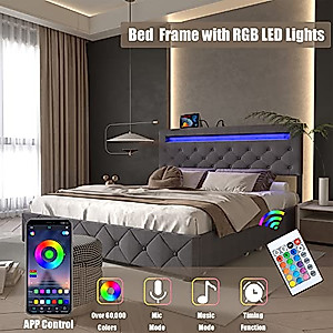 Full LED Bed Frame with Drawers, Upholstered Platform Bed Frame Full Size with Adjustable Button Tufted Headboard and 2 USB Ports, Solid Wooden Slats Support, Dark Grey