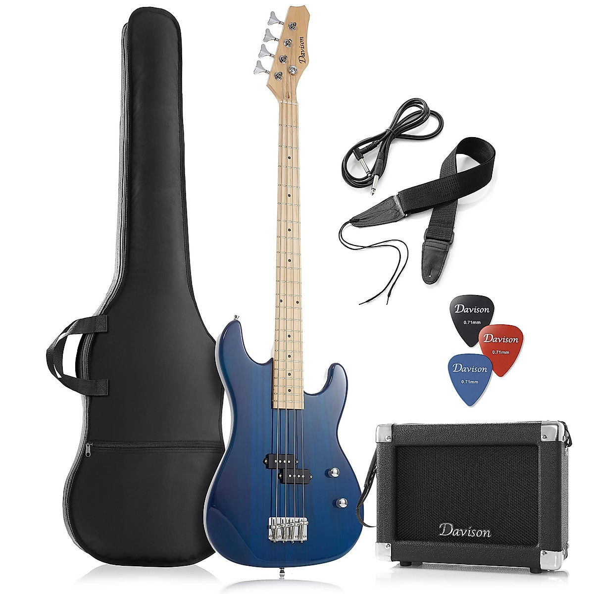 Davison Guitars Full Size Electric Bass Guitar with 15-Watt Amp, Blue - 4 String Right Handed Beginner Kit with Gig Bag and Accessories