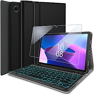 Wineecy Backlit Keyboard Case with Screen Protector for Lenovo Tab M10 Plus 3rd Gen (2022) 10.6 Inch, 7 Colors Light Detachable Wireless Keyboard Slim Stand Cover with Tempered Glass Screen Protector