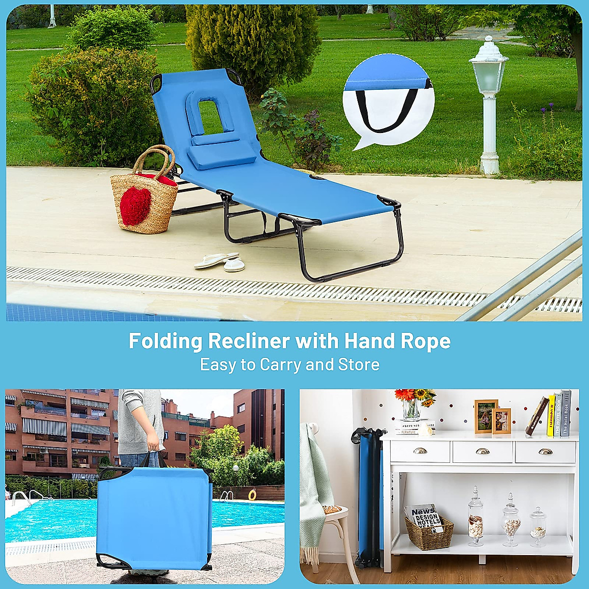 Giantex Outdoor Chaise Lounge Chair - Folding Beach Chair with 5 Adjustable Positions, Hole, Detachable Pillow, Hand Ropes, Lounger for Sunbathing, Poolside, Yard, Patio Lawn Chair