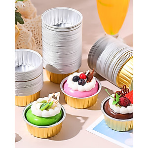 150 Pcs Patelai Aluminum Foil Cups 4.2 oz Mini Baking Cups Gold Cupcake Liners Disposable Ramekins Foil Muffin Pans for Pie Souffle Pudding Holder Wedding Birthday Party (Round)