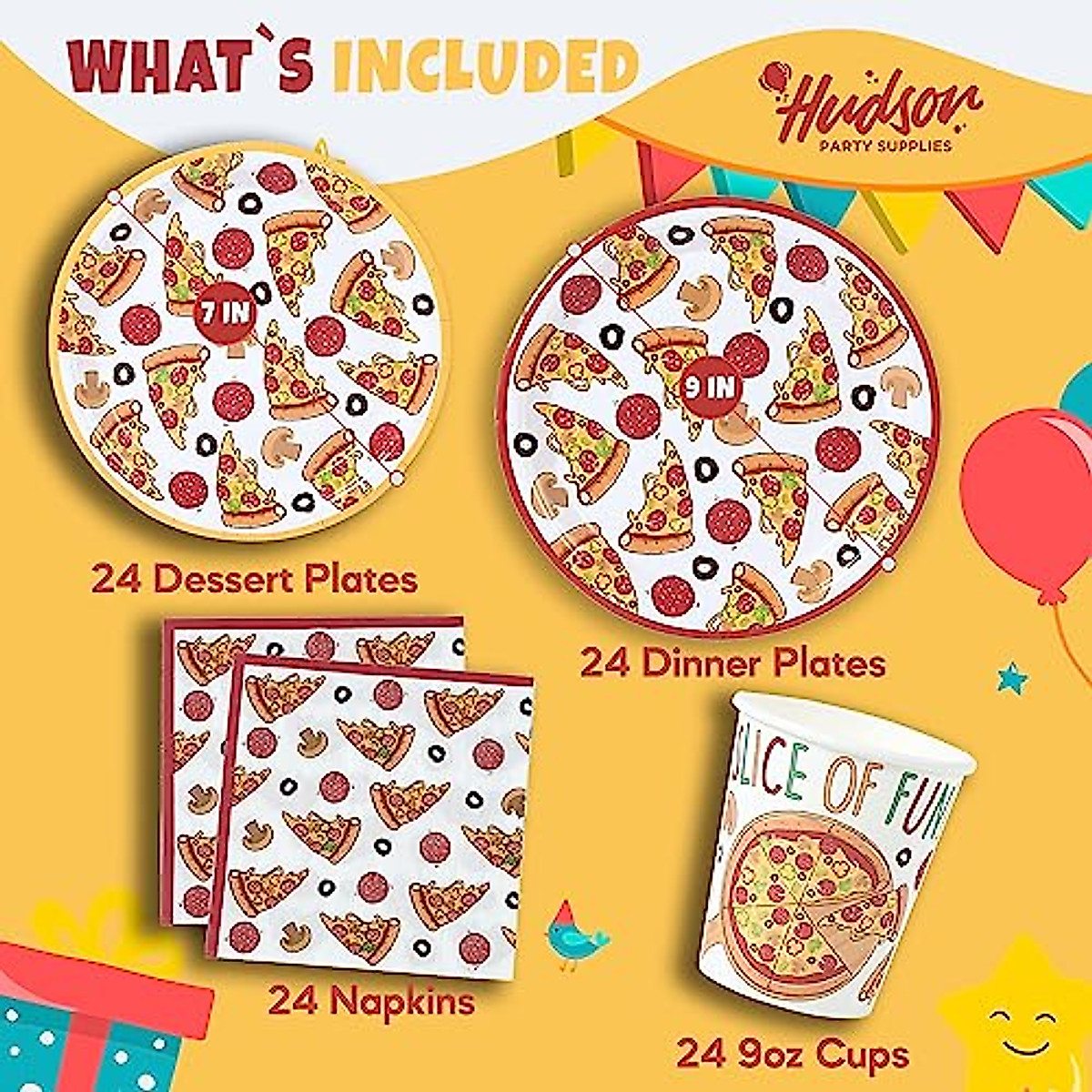 Pizza Party Supplies (Serves 24) Dinner Plates, Dessert Plates, Cups, Napkins. Pizza Party Birthday Decorations for Kids, Boys, Girls and More. Pizza Themed Birthday Party Decorations