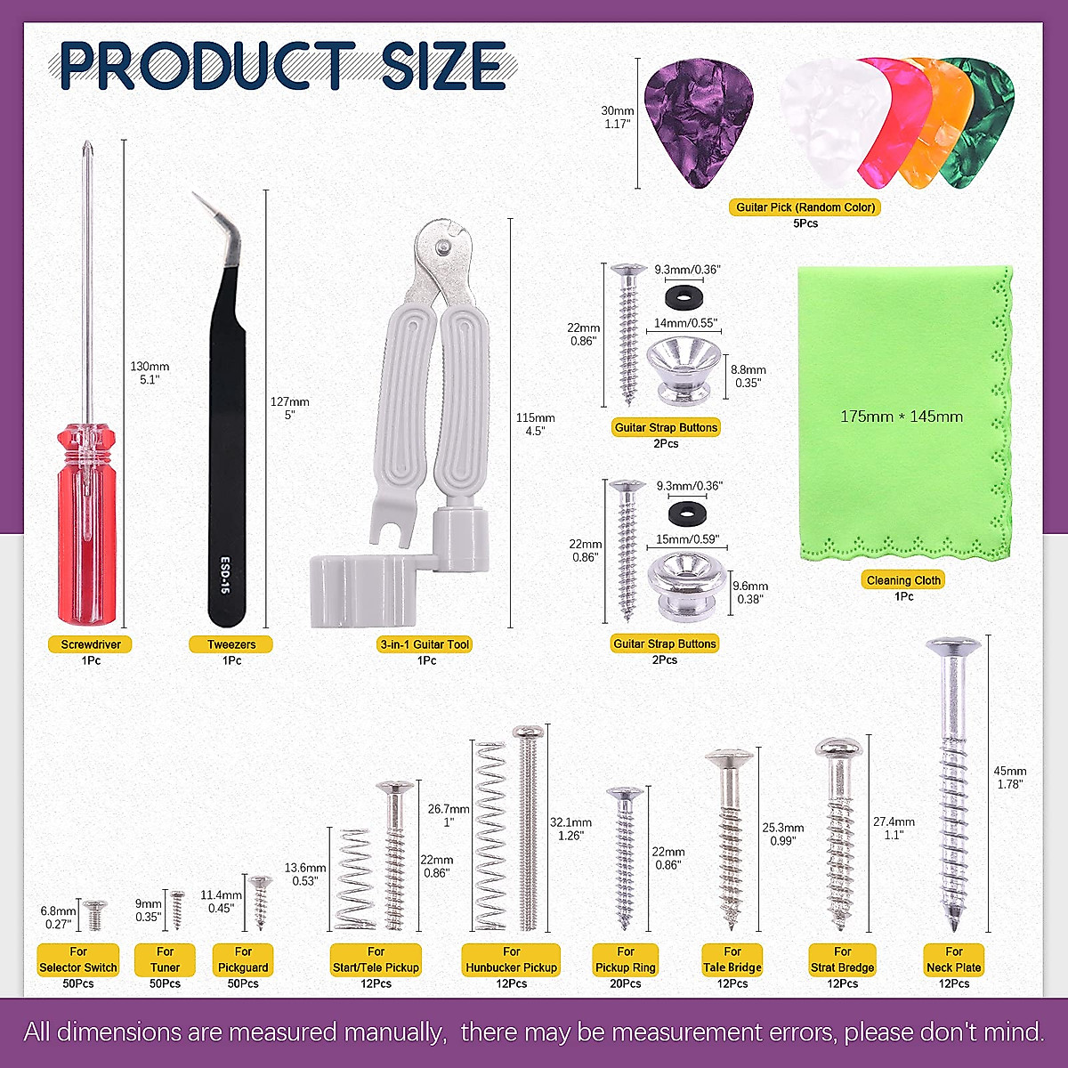 Swpeet 263Pcs Electric Guitar Screw Kit (9 Types) with Springs and Guitar String Winder, Screwdriver,Tweezers,0.75mm Guita Pick for Electric Guitar Bridge