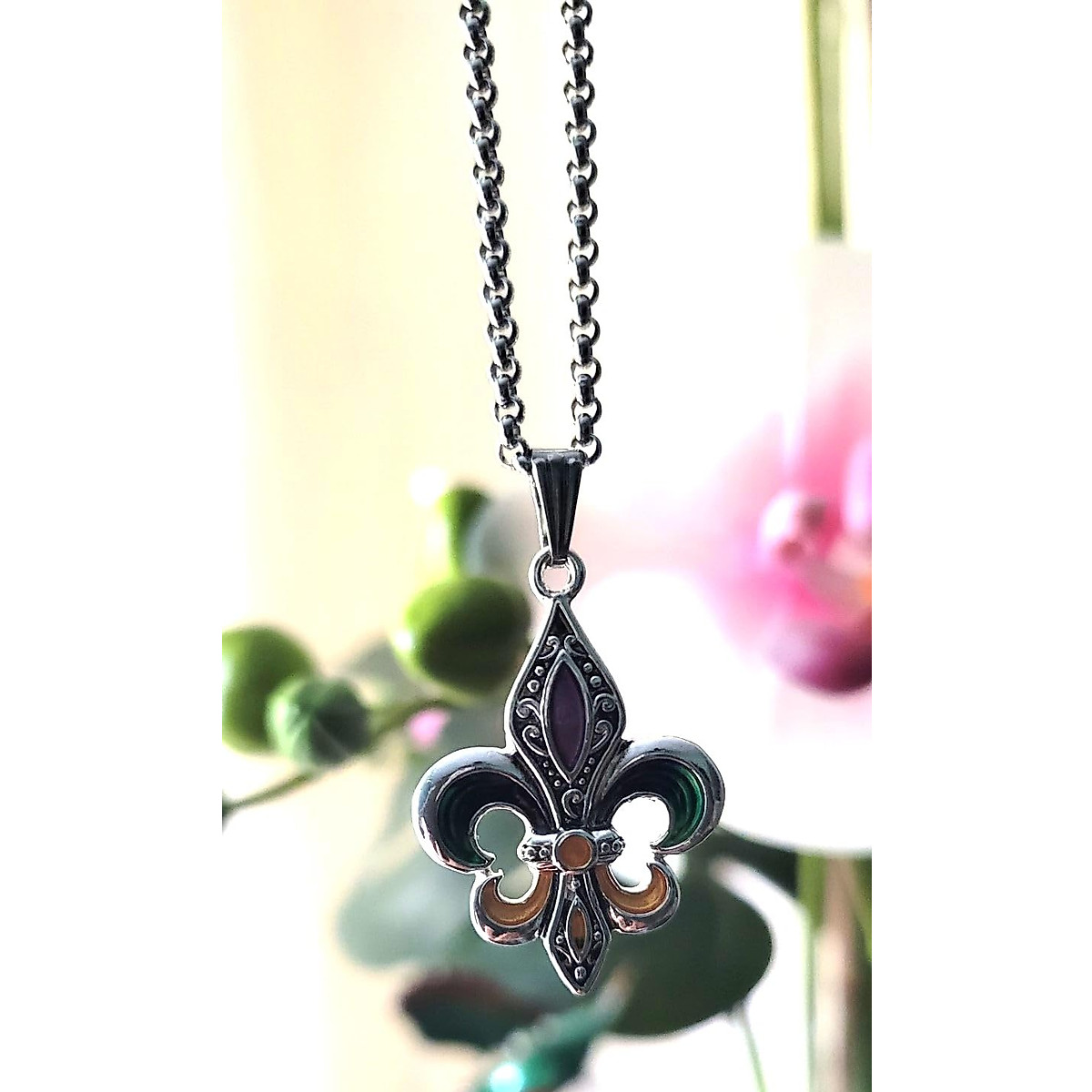 DianaL Boutique Fleur De Lis Mardi Gras Pendant Necklace with 18" Stainless Steel Chain Gift Boxed Fashion Jewelry
