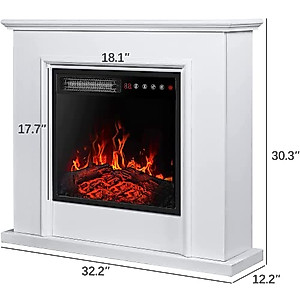 BOSSIN 32" Electric Fireplace Mantel with 18 inch 1500W Electric Fireplace Insert, Package Freestanding Fireplace Heater,White Wooden Firebox Faux Log & Led Flames, Touch Screen &Remote Control