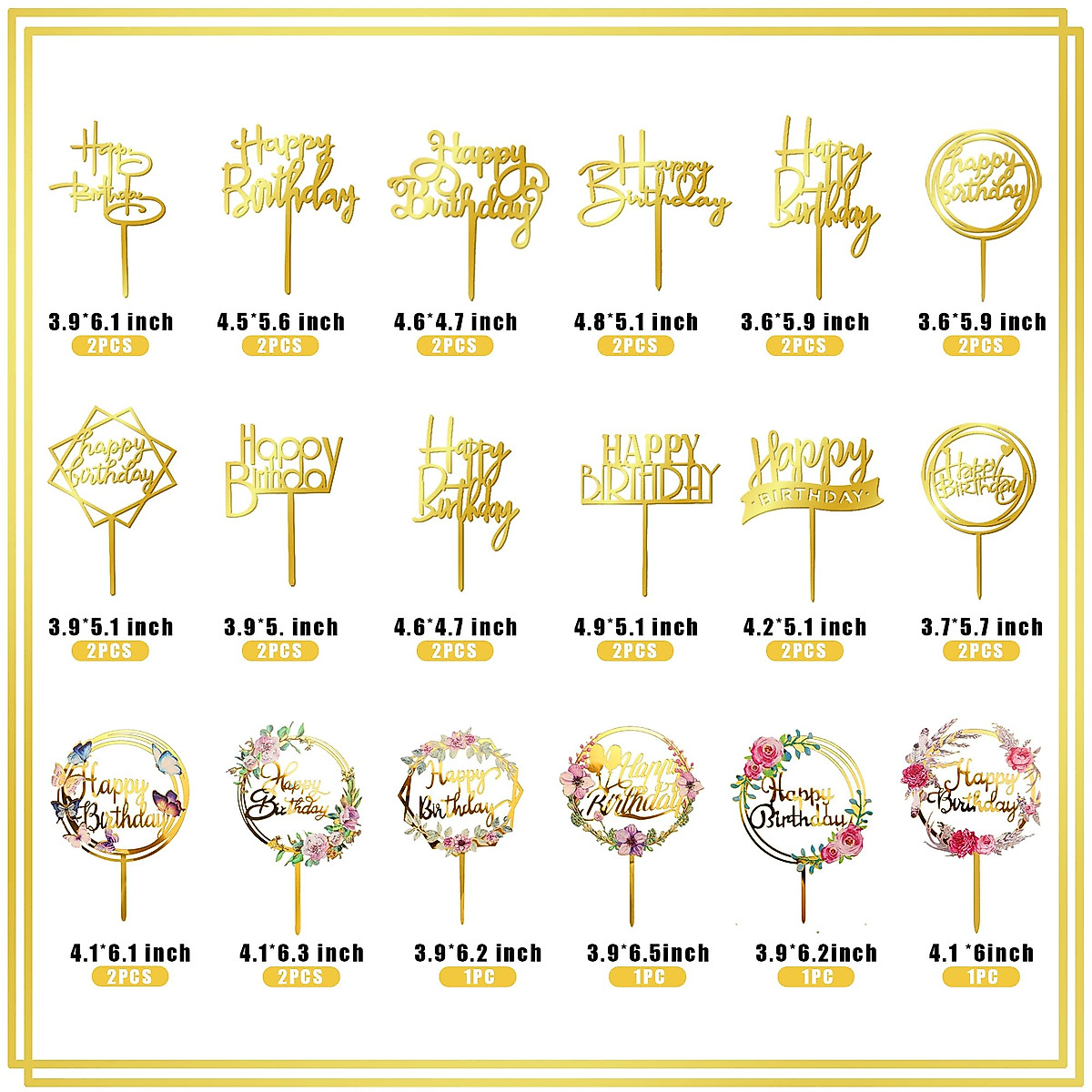 32 PCS Gold Happy Birthday Cake Toppers Flower Acrylic Gold Birthday Cake Topper Cake Pick Decorations for Birthday Party Cake Desserts Pastries (Gold)