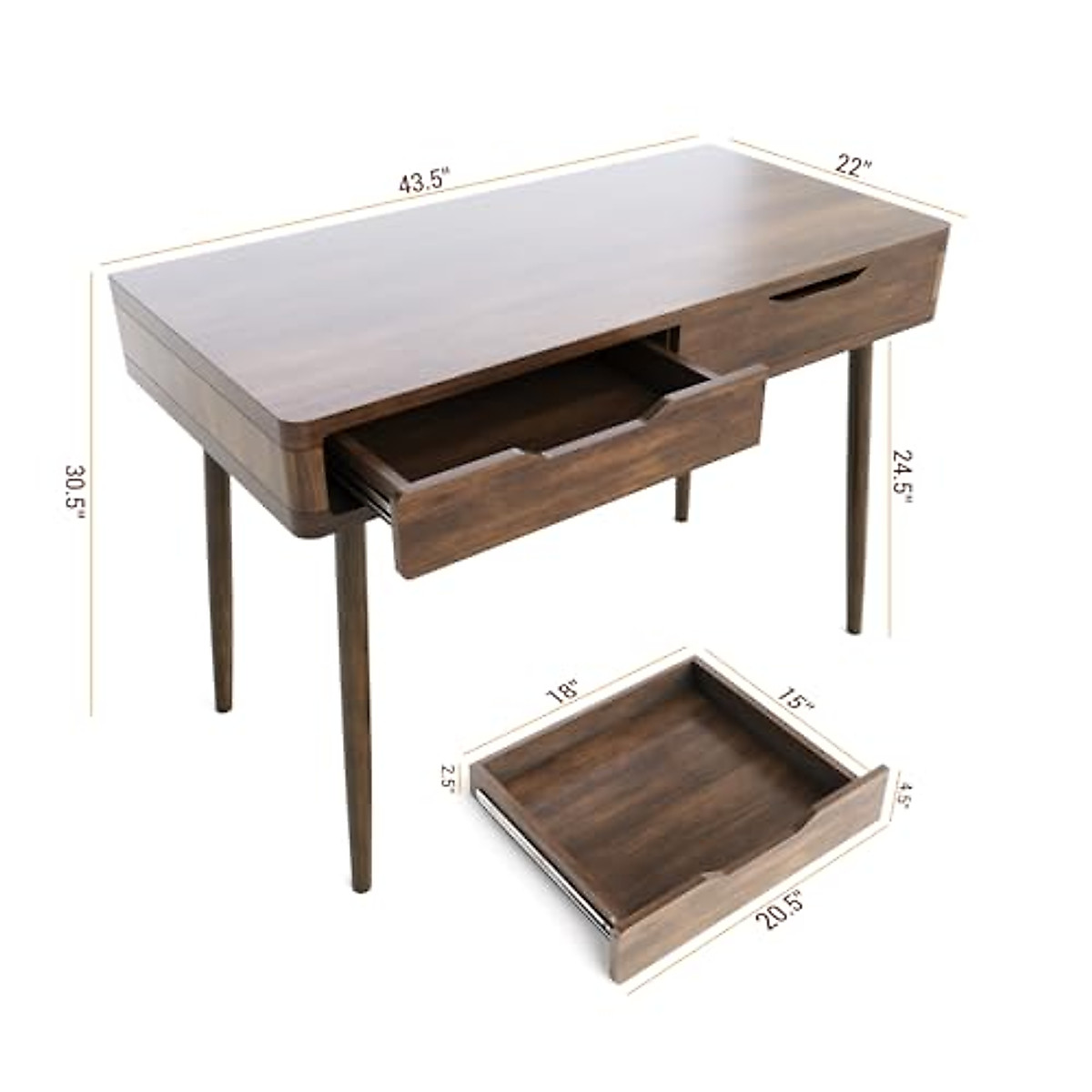 Tangkula Mid-Century Desk with 2 Drawers, Writing Study Desk, PC Laptop Desk, Home Office Computer Workstation for Small Space, Makeup Vanity Console Table (Walnut)