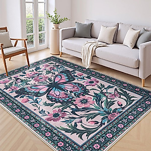 Uphome Living Room Rug 5x7 Rug, Boho Washable Pink Rugs for Bedroom Girls, Non-Slip Soft Modern Nursery Rug, Butterfly Print Low Pile Accent Carpet for Dining Room Office Kids Playroom
