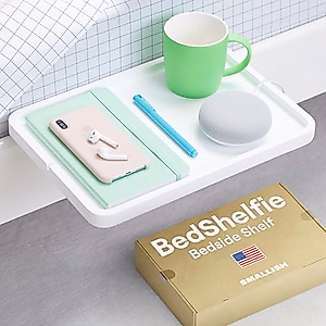 BedShelfie Bedside Shelf for Bunk Bed & Top Bunk, College Dorm Room & Loft Nightstand, Floating Bed Side Table Tray Storage - Minimalist White Wood