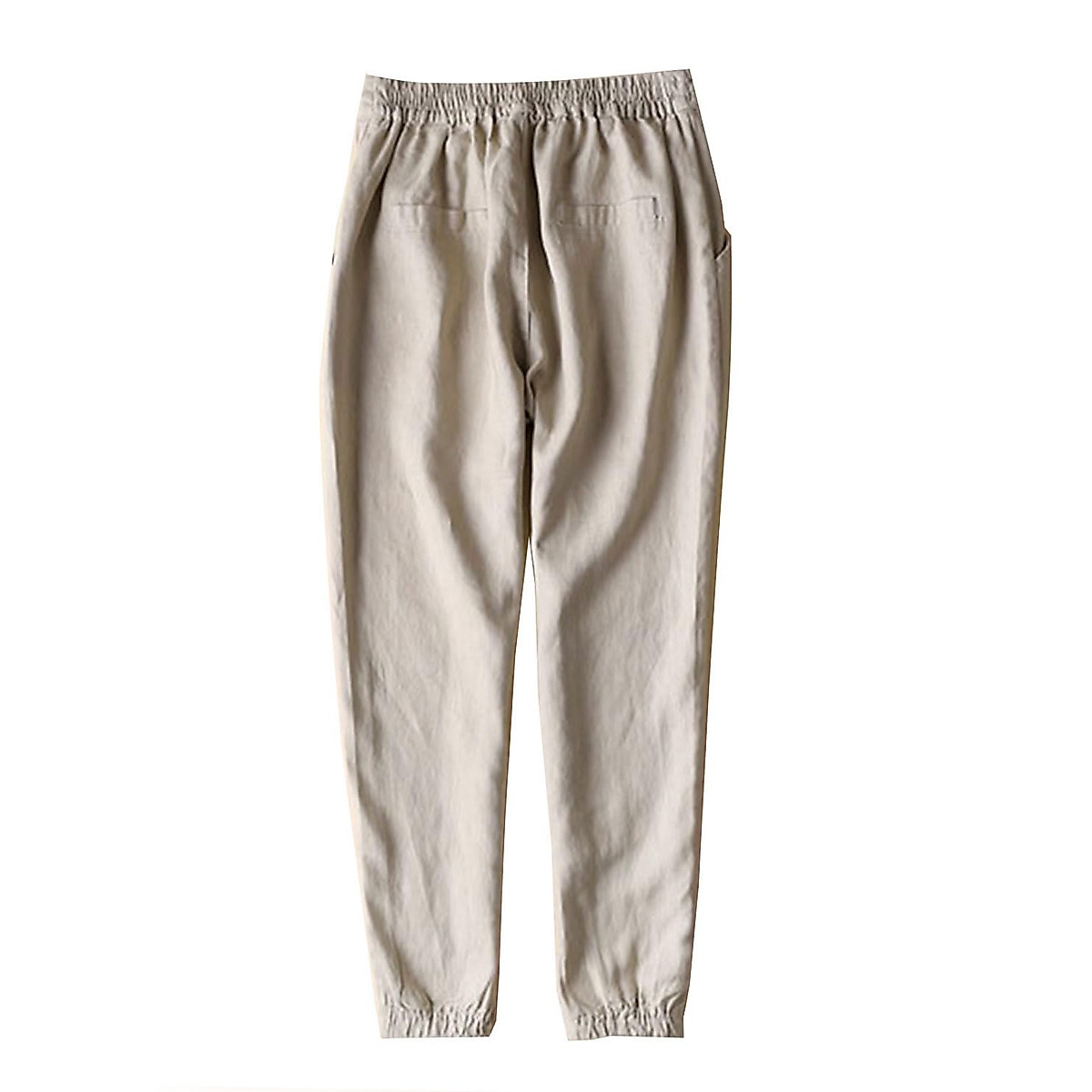 IXIMO Women's Tapered Pants 100% Linen Drawstring Back Elastic Waist Pants Trousers with Pockets Khaki XL