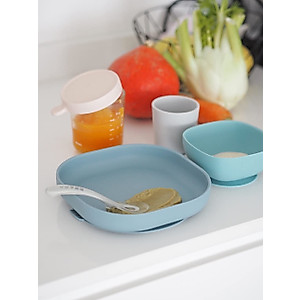 BEABA Silicone 4 Piece Baby Feeding Set, Suction Plates for Baby, Includes Plate, Bowl, Cup, 2nd Stage Silicone Spoon, High Grade Food Safe Silicone, Rain