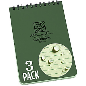 Rite In The Rain Weatherproof Top Spiral Notebook, 4" x 6", Green Cover, Universal Pattern, 3 Pack (No. 946-3)