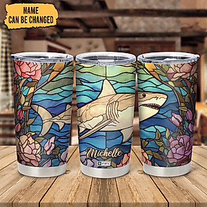 Hyturtle Personalized Gifts Shark Lover - Shark Printed Customized Name Stainless Steel Tumbler 20 oz With Lid - Idea Cute Sea Animal Lover Gifts For Women, Girl kids On Birthday, Christmas