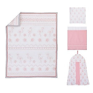 Nojo Tropical Flamingo Pink & White 100% Cotton 4Piece Nursery Crib Bedding Set, Embroidered Quilt, Fitted Sheet, Dust Ruffle, & Diaper Stacker, Pink, White, Grey