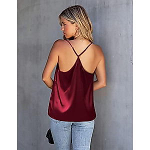 Ekouaer Satin Mesh V Neck Tank Top Women Cami Top Silk Camisole Blouse Red