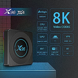 Xilibod Android TV Box Android 11 TV Box 4GB RAM 32GB ROM Amlogic S905X4 Quad Core 64 Bit Mali-G31 MP2 2.4G/5G WiFi BT4.1 USB3.0 Colorful Lighting Smart TV Box - Model No.: X96X4 4GB 32GB