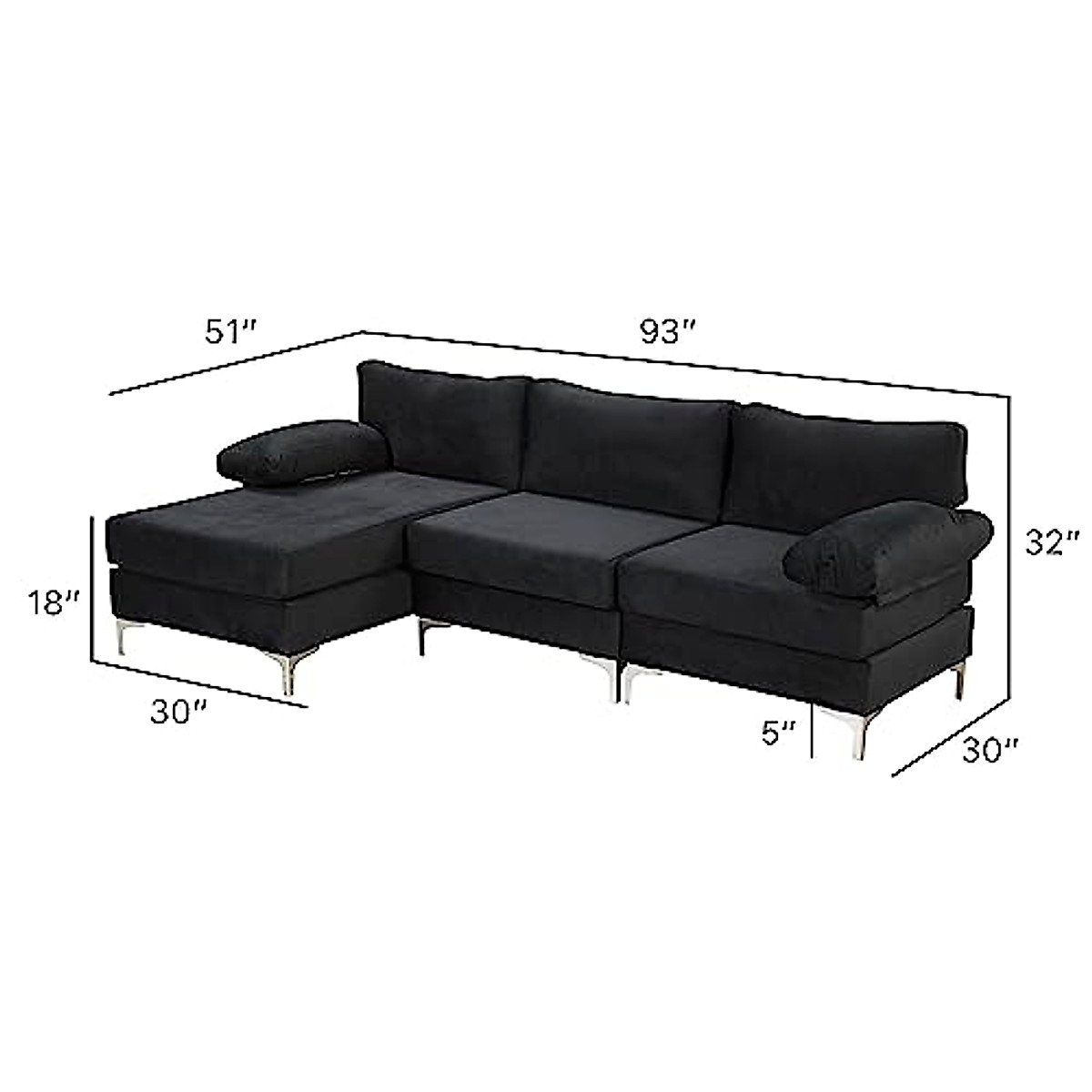 Casa Andrea Milano Modern Velvet Fabric Sectional Sofa, L-Shape Couch with Extra Wide Chaise Lounge