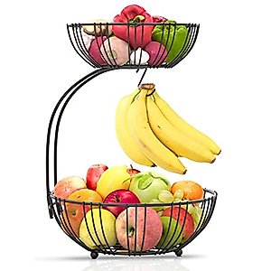 RICCLE Fruit Basket For Kitchen Counter - 2 Tier Fruit Basket With Banana Hanger - Double Layer Metal Wire Fruit Bowl For Kitchen Countertop - Two Tiered Fruit Holder For Produce, Vegetables, Kitchen