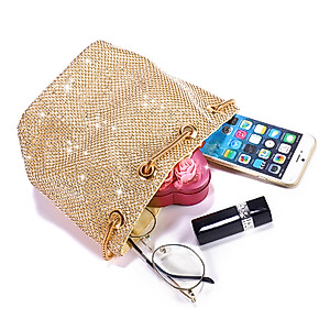 JIAN YA NA Full Rhinestones Bucket Bag for Women Fashion Shoulder Bag Purses Crossbody Bags with Long Chain Evening Bag for Wedding Party