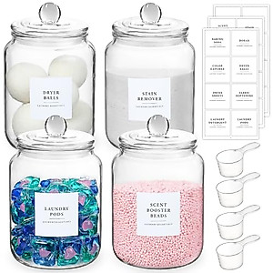 4 Pack Glass Jars with Lids and Labels, Glass Containers for Laundry Room Organization and Storage, Half Gallon Airtight Glass jars Holder for Laundry Detergent, Pods, Scent Booster Beads, 4 Spoons