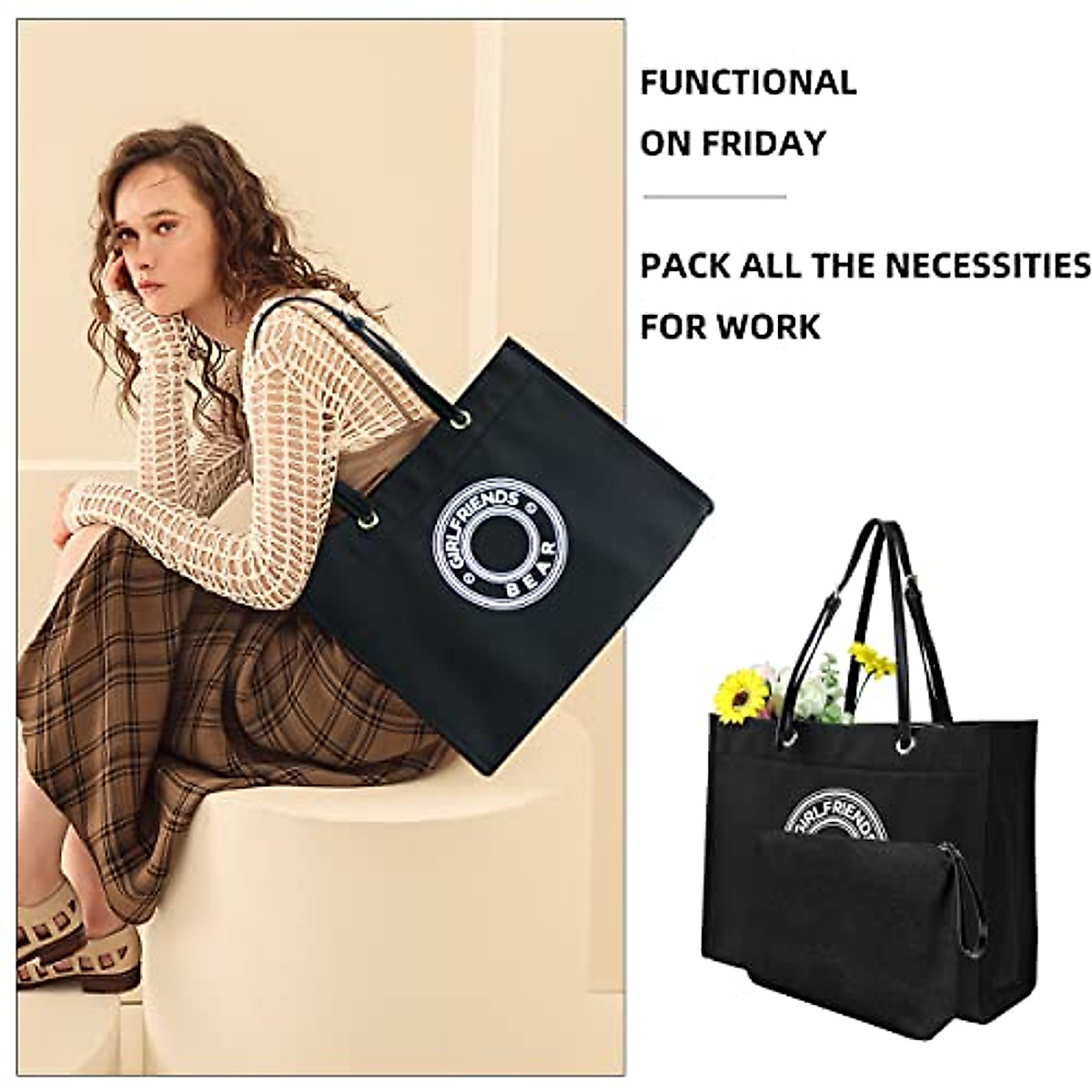 Whale Power Canvas Tote Bag with Zipper Pocket and Purse Large Capacity Shoulder Handbags for Women 2pcs Sets