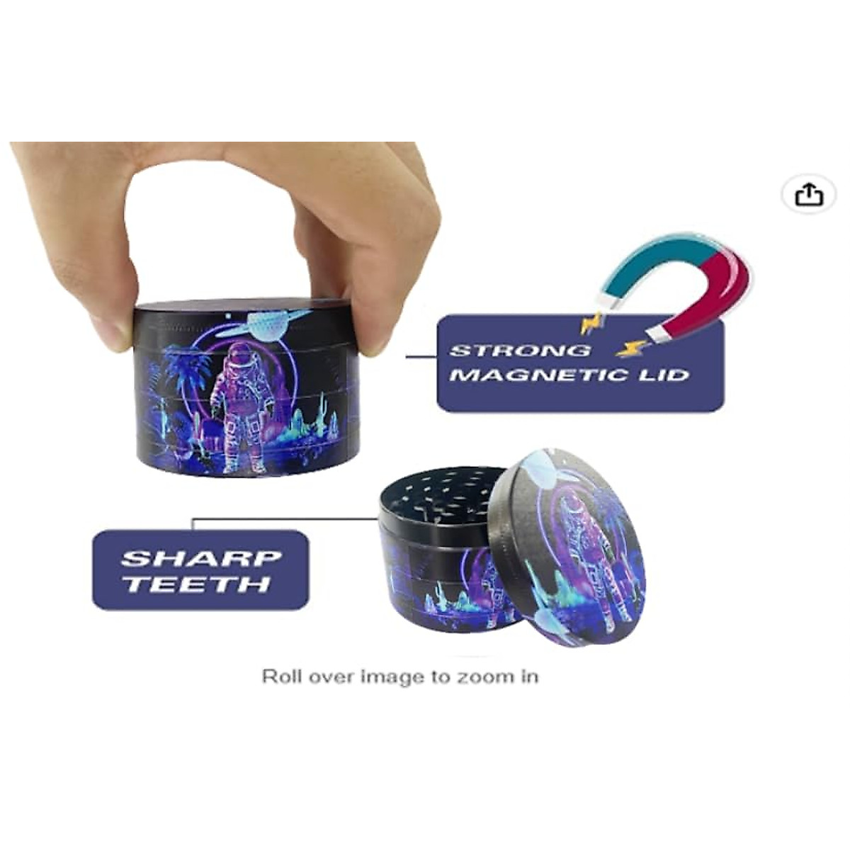 Spice Grinder 2.5 Inch - excellent grinder with zinc alloy holder, alloy color crusher, Cleaning brush for Bay Leaf, Basil, Rosemary, various models, mill rail and handy crank. (Purple Astronaut)