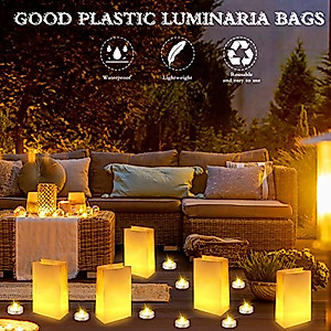 Supervitae 200 Pieces Plastic Luminaria Bags Set Including 100 and LED Waterproof Candle for Christmas Decorations, Hanukkah Lights, Easter, Wedding White