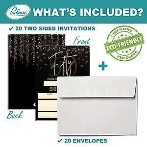 50th Birthday Party Invitations for Women and Men, Black and Gold Fiftieth Birthday Decoration and Supplies, 20 Fill-In Invites + Envelopes