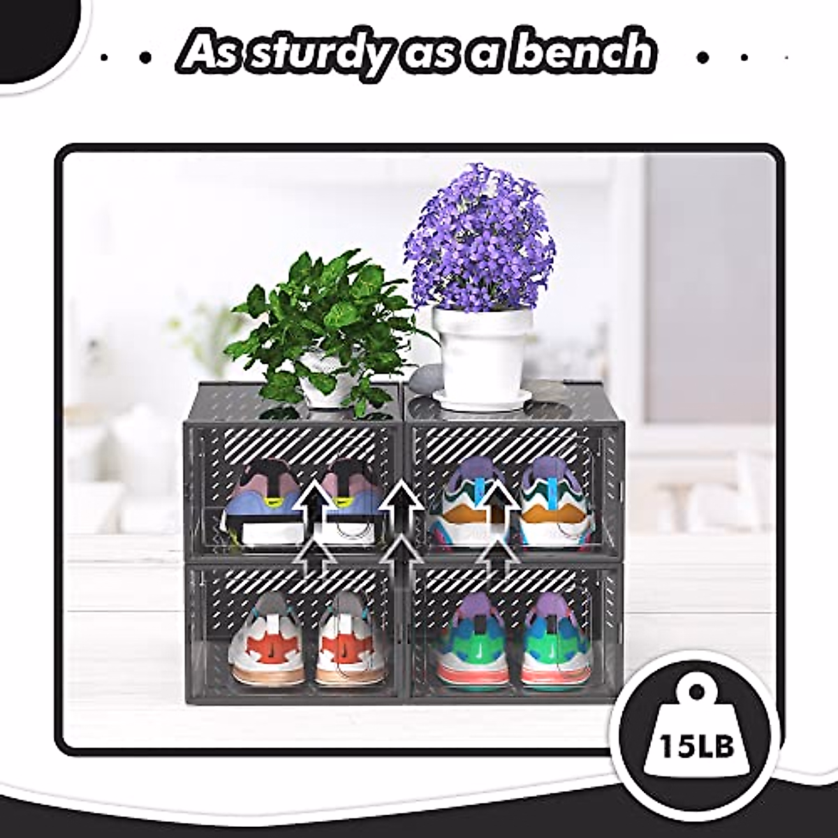 GONAT Large Shoe Organizers, Clear Shoe Boxes Stackable, Good Replacement For Shoe Rack, Under Bed, Black.