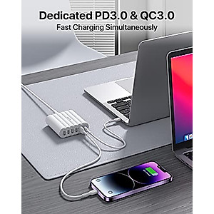 USB C Charger, SooPii 68W Charging Hub, 6 Port USB Charging Station with One 30W PD/PPS Port and One 18W QC Port for Laptops, Phones and Other Electronics, 6 Mixed Charging Cables Included, White