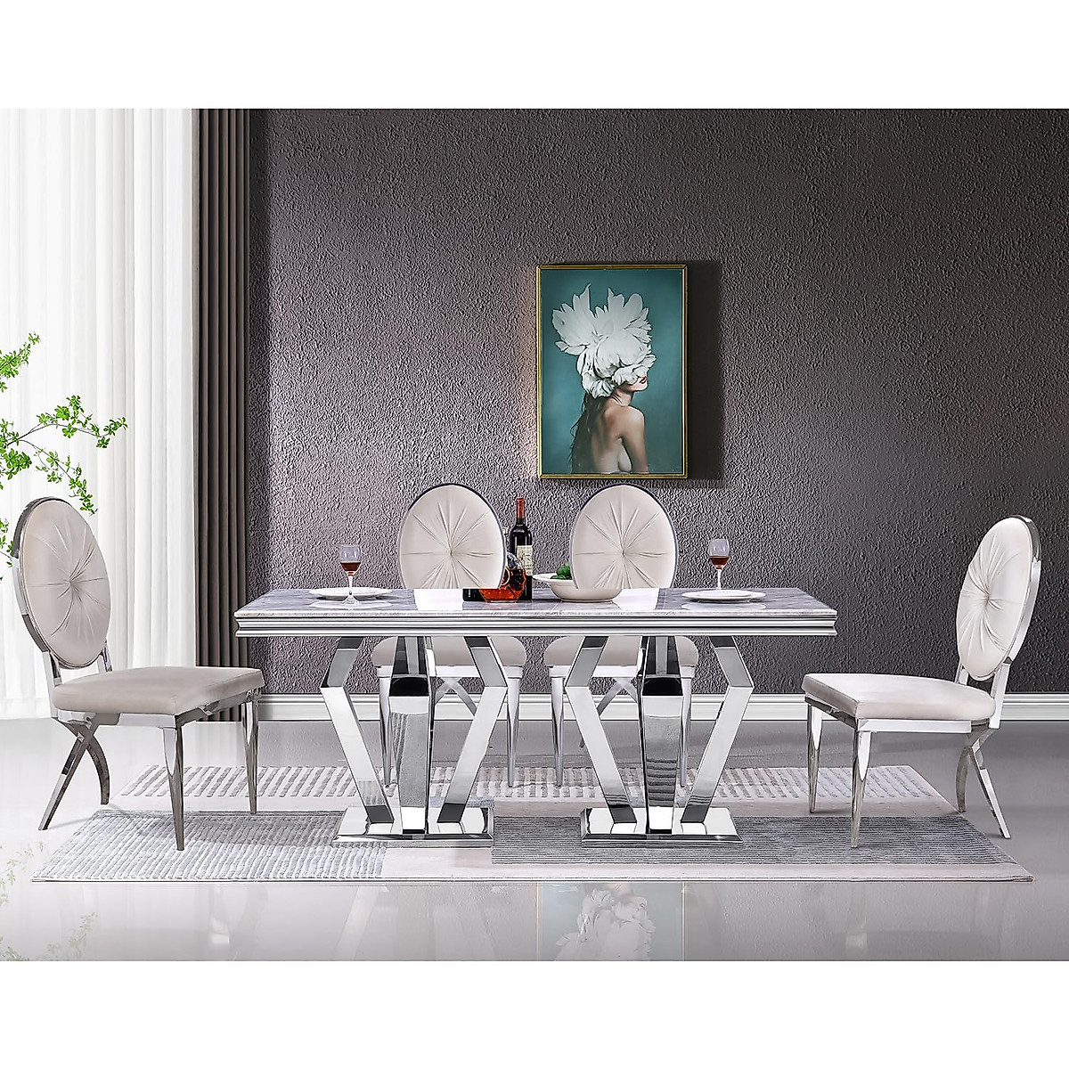 Asday Beige Dining Chairs Set of 2, Beige Velvet with Sliver Polished Metal Legs Dining Room Chiars, Upholstered Kitchen Chairfor Living Room, Dinning Room, Office(Set of 2)