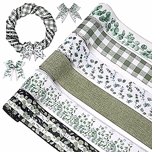 30 Yards Eucalyptus Wired Ribbon Sage Green Leaves Burlap Ribbons Greenery Decorative Ribbon Checkered Stripe Ribbon for Wedding Party Bridal Bouquets Spring Bow Wreath Making DIY Crafts