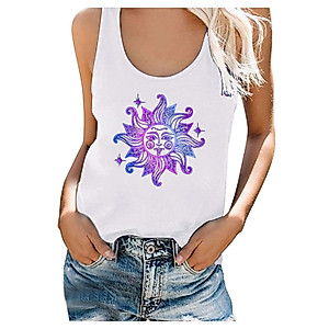 Padaleks Sun Moon Printed Tank Top for Women Casual Sleeveless Graphic Tees Shirts Loose Blouse Tunic Tops Vest White