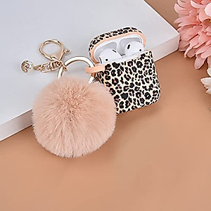 AIRSPO Airpod Case Airpods Case Cover for Apple AirPods 2&1 Silicone Protective Skin Cute Airpod Case for Girls with Pom Pom Fur Ball Keychain/Strap/Accessories (Leopard Print+Fur Ball)