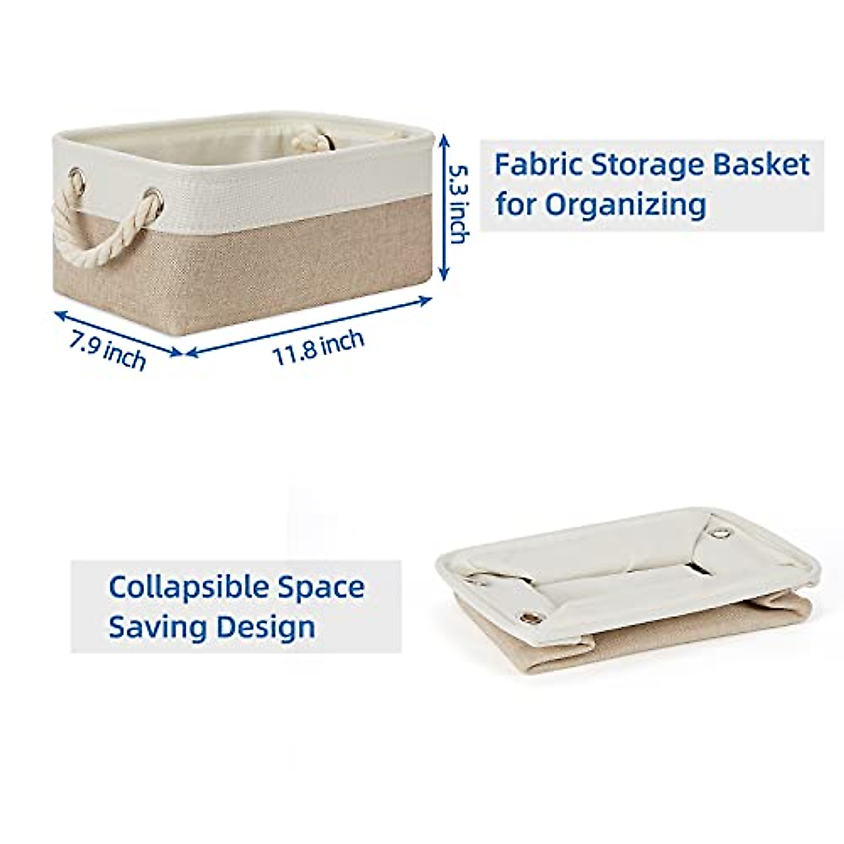 Temary Small Fabric Storage Baskets 6 Pcs Decorative Baskets Bins for Gifts Empty Foldable Storage Baskets with Handles for Organizing Shelf, Towels, Toys (White&Khaki,11.8 L x 7.9 W x 5.3 H inches)