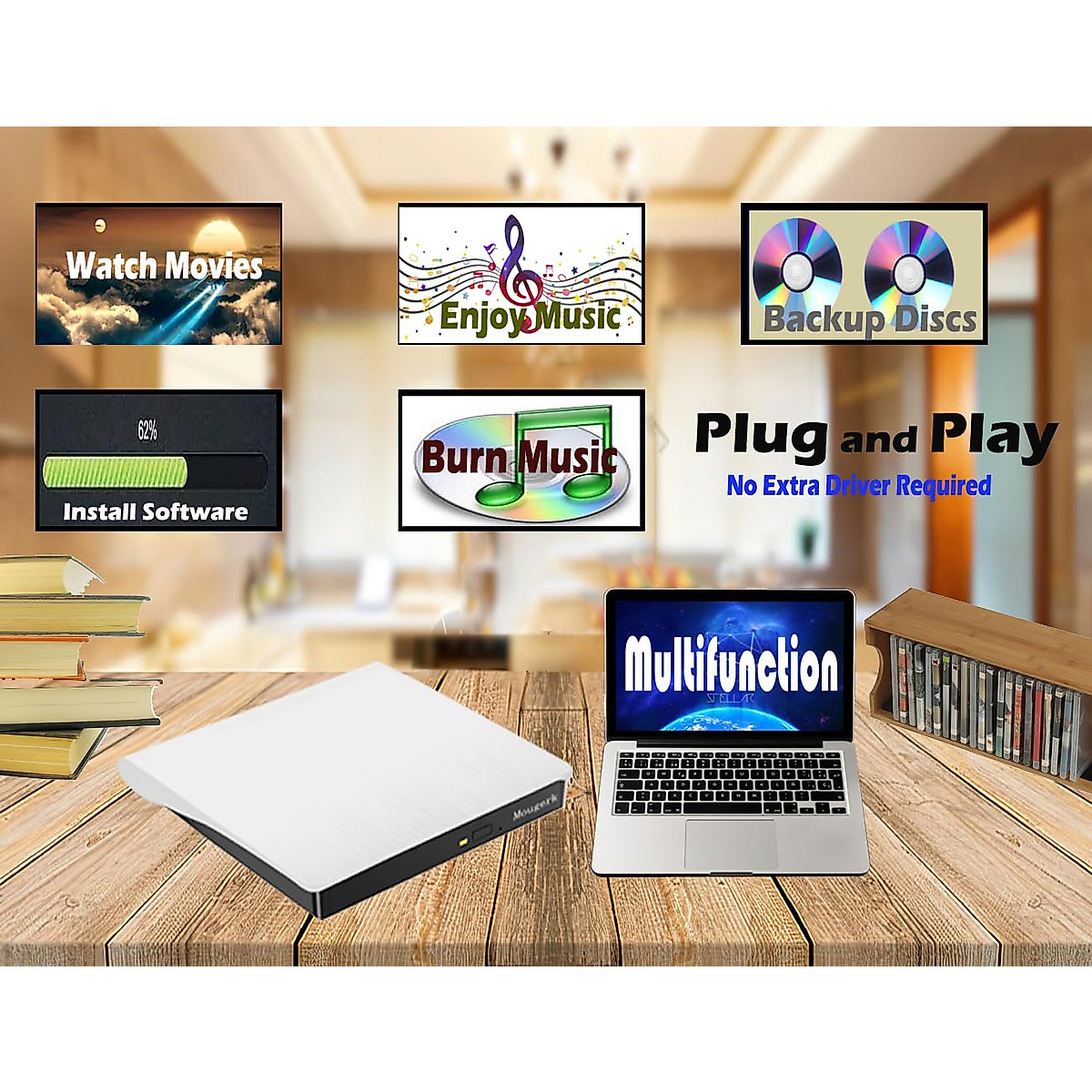 Mougerk External DVD Drive, Portable Type-C USB 3.0 DVD CD Drive Player DVD/CD +/-RW ROM Reader Rewriter Burner for Laptop MacBook Pro Desktops (White)