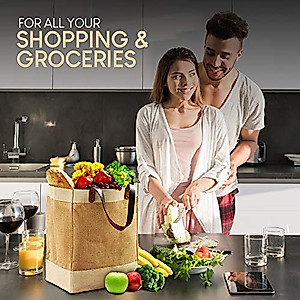 Reusable Jute French Market Tote Burlap Grocery Bags with Faux Leather Strap Handles, Interior Pocket, and Water Resistant Inner Lining Jute Shopping Bag, EXULTIMATE