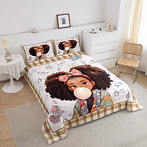 African Style American Comforter Sets Girls,Kids Cartoon Black Girls Bedding Set,Fashion Star Shoes Reversible Printed Quilted Duvet Teens Room Decor,Beige Brown Plaid Bedspread,1 Pillowcase