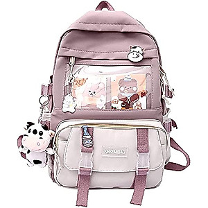 Kawaii Backpack for School Japanese, Aesthetic Backpack for Women Girls Cute Korean Style Bags with with Kawaii Pin and Accessories (Purple)