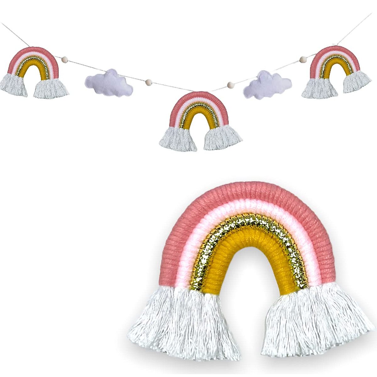 JUJOBEE Boho Rainbow, Clouds, Wooden Bead Wall Decor 4ft. Garland Tapestry, Nursery Wall Decor, Baby Decor, Wall Decor, Boho Rainbow Decor, Classroom Decor (Pink Theme) PINK, BLUE, NEUTRAL GRAY
