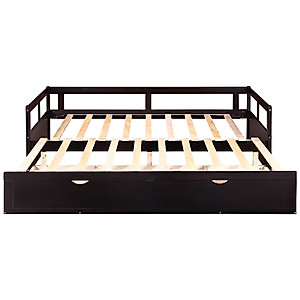 Daybed with Trundle and Drawers, Twin to King Design Sofa Bed,Wooden Extendable Bed Daybed for Bedroom Living Room, Espresso